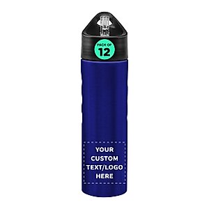 DISCOUNT PROMOS Custom Slim Stainless Steel Water Bottles 25 oz, 12 pack, Personalized Text, Logo, Reusable Gym Sports Bulk Pack, Blue