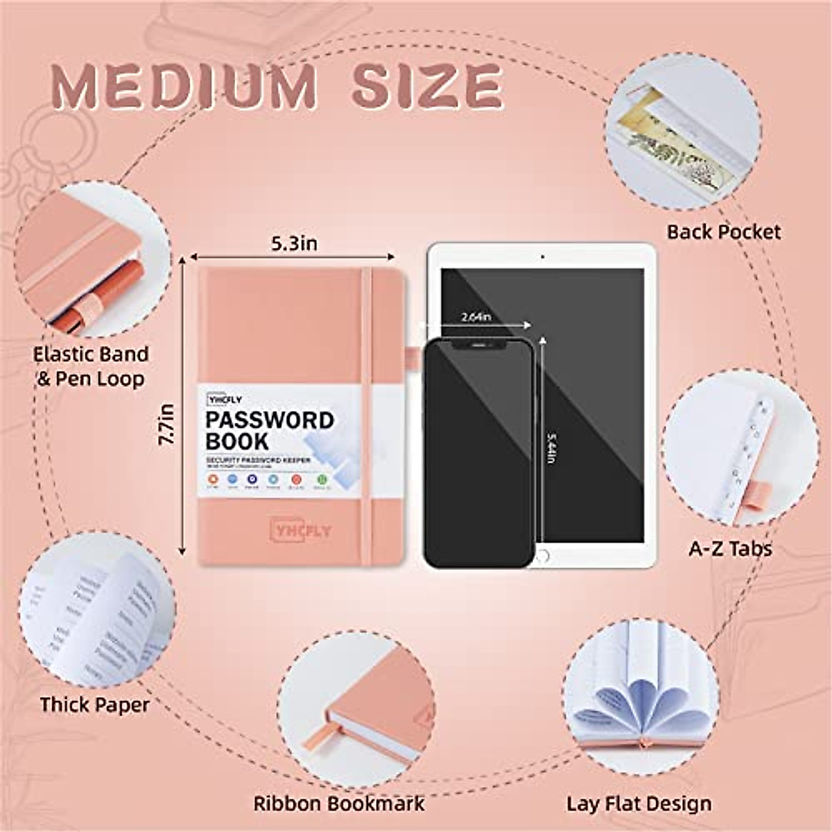 YHCFLY Password Book with Alphabetical tabs, Hardcover Internet Address & Password Organizer Logbook, Medium Size Password Keeper Notebook Journal for Home Office (Peach Pink)