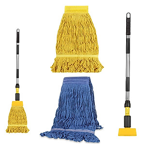 Commercial Mop, Commercial Mop Handle with 2Pcs Commercial Mop Head, Looped-End String Industrial Mop Heavy Duty Mop for Floor Cleaning, Blue/Yellow
