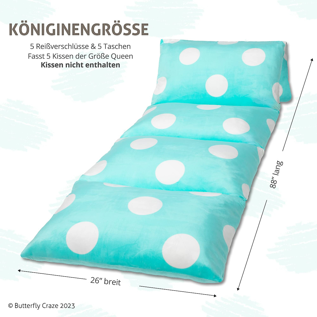 Butterfly Craze Floor Pillow Case, Mattress Bed Lounger Cover, Polka Aqua, Queen Size - Cozy Seating Solution for Kids & Adults, Recliner Cushion, Perfect for Reading, TV Time (Pillow Not Included)