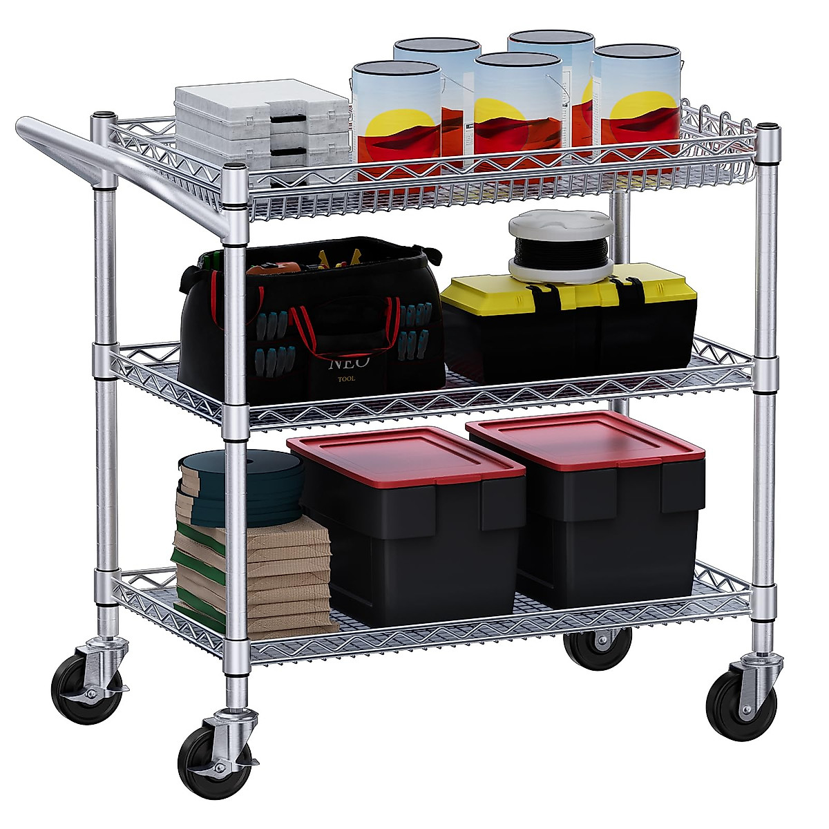 WDT Heavy Duty 3 Tier Rolling Utility Cart, Kitchen Metal Utility Carts with Handle Bar, Utility Shelf Plant Display Shelf Food Cart Storage Trolley with Wheels, Silver
