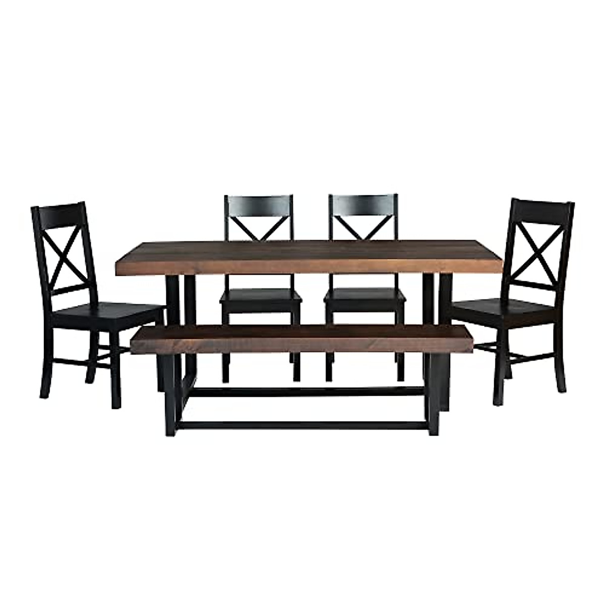 Walker Edison Barnes 6-Piece Rustic Metal and Wood Dining Table with X-Back Chairs, Set of 6, Mahogany/Black