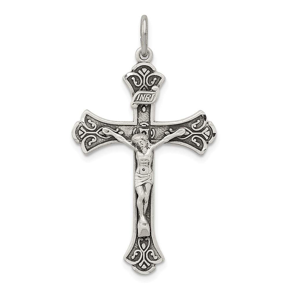Solid 925 Sterling Silver Vintage Antiqued INRI Cross Pendant Crucifix Charm - 38mm x 22mm