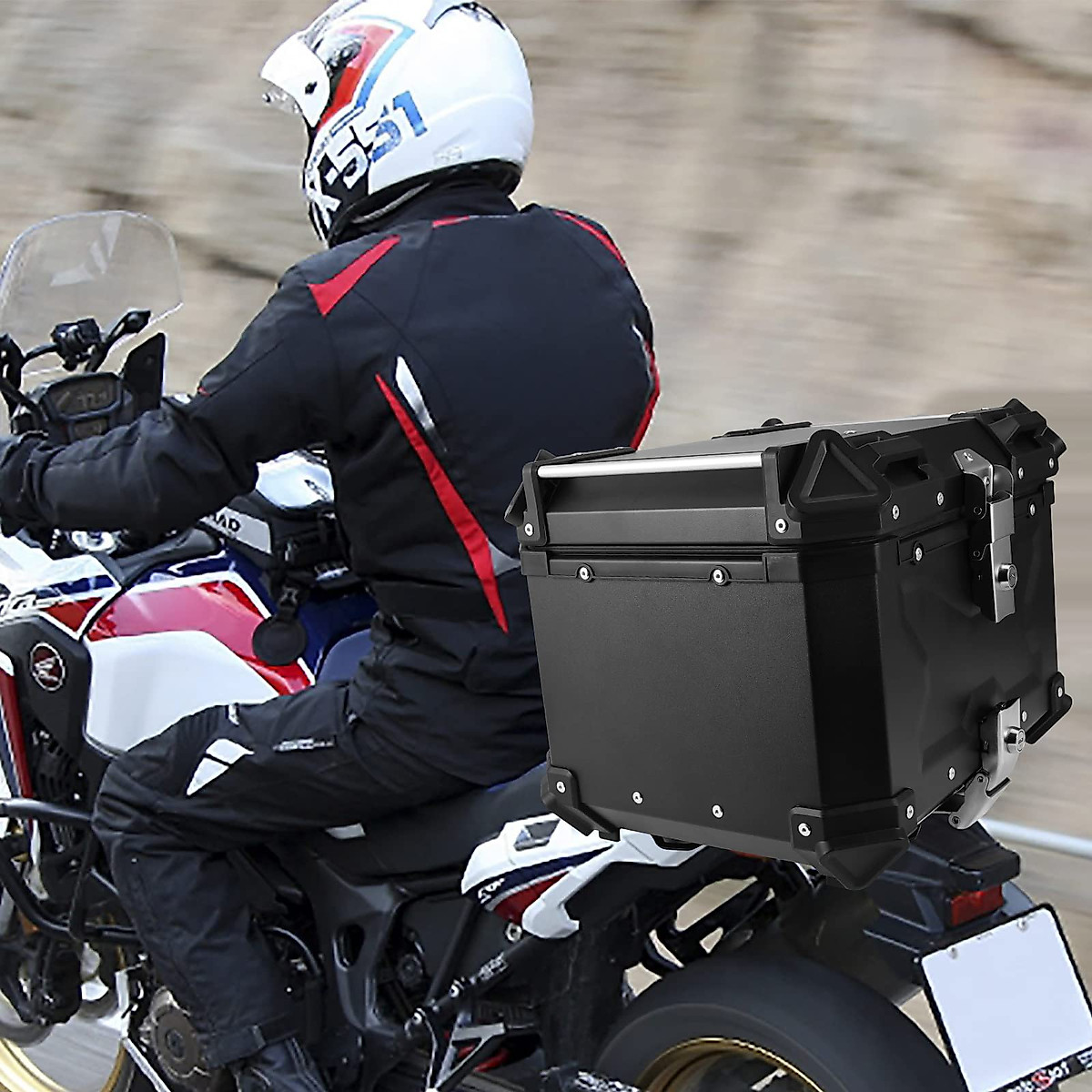 FANCYTIMES 55L Motorcycle Top Case,Aluminum Motorcycle Trunk Waterproof Tour Tail Box with Security Lock for Store Helmet Large Luggage