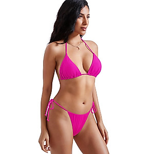 MOSHENGQI Women Sexy Brazilian Bikini 2 Piece Spaghetti Strap Top Thong Swimsuit Bathing Suit(M,0Hot Pink-Rose)