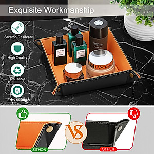 SITHON Valet Tray Desktop Storage Organizer – Premium PU Leather Catchall Bedside Vanity Tray Nightstand Caddy Holder for Remote Controller, Keys, Phone, Wallet, Coin, Jewelry (Orange)