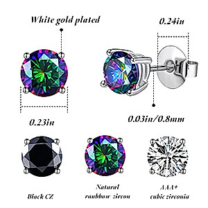 3 Pairs 6mm Round Stud Earrings Set for Women and Men, Clear/Rainbow/Black Cubic Zirconia Hypoallergenic Earring Pack (White Gold)