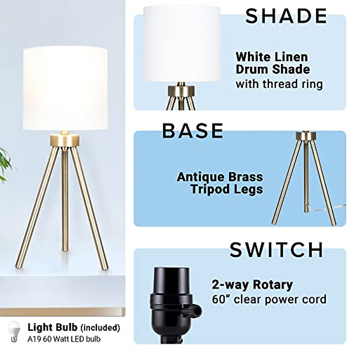 Catalina Lighting 22967-001 Mid-Century Modern Tripod Table Lamp, LED Bulb Included, 19", Antique Brass