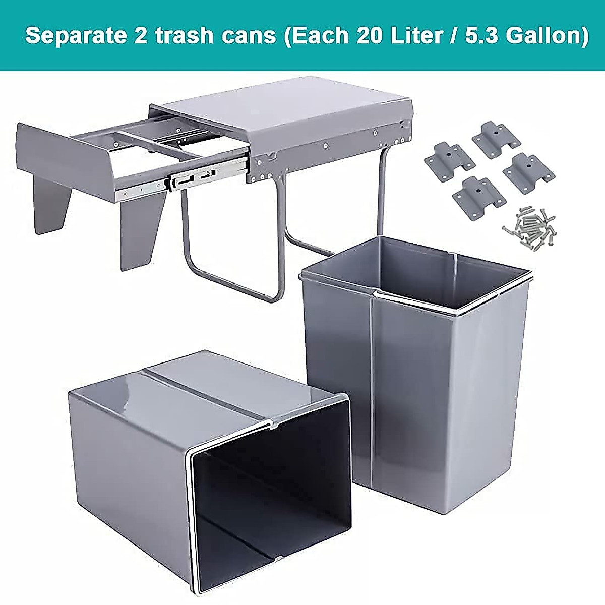 Nisorpa 40 Liter / 10.6 Gallon Dual Pull Out Trash Cans Under Cabinet Counter/Sink with Lid - Commercial Garbage Can Recycling Container Kitchen Waste Bins - Soft-Close Slides Out & Fixable Base, Gray
