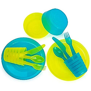 Dinnerware set for 4 | Kids dishes set include plastic cups, plates, bowls, Flatware set | Rainbow colours for kids party indoor and camping | Reusable and Microwave safe