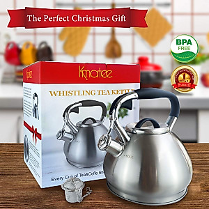 Whistling Tea Kettles Stovetop with Boils Faster Bottom,Surgical Brushed Stainless Steel Finish Whistling Teapot, 3 Quart,1YR Warranty, 1 Tea Maker Infuser Included by Kmatee