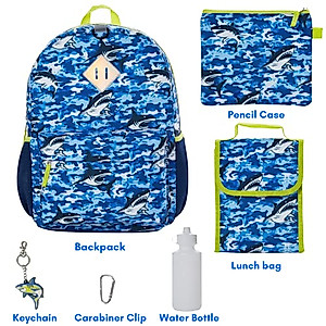 RALME Ocean Blue Camo Shark Backpack Set for Boys, 16 inch, 6 Pieces - Includes Foldable Lunch Bag, Water Bottle, Key Chain, & Pencil Case