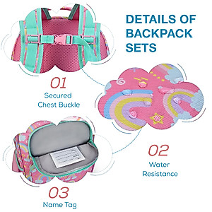 mommore Kids Backpack Set, Rainbow Backpack for Girls Lightweight Elementary Bookbag for Students School backpack for Children with Chest Strap Water Resistant,3pcs pink