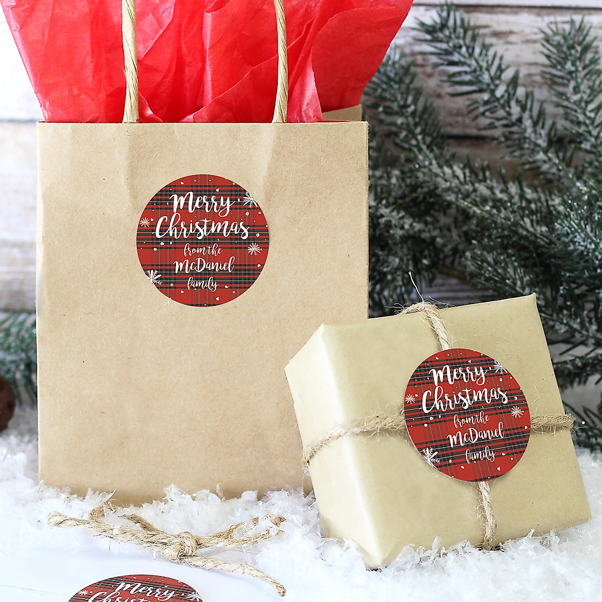 Personalized Plaid Merry Christmas Round Labels - 40 Stickers - Red and Black Peel and Stick Custom Gift Wrap Tags – Sellf Adhesive Christmas Plaid Stickers