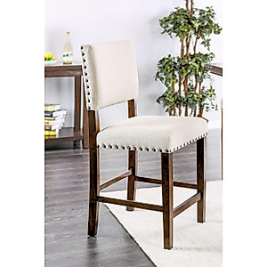 Classic Set of 2pc Counter Height Dining Chairs Ivory Fabric Padded Linen Chairs Upholstered Cushion High Chairs Nailhead Trim Kitchen Dining Room Solid Wood Brown Cherry