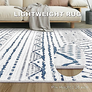 Area Rug Living Room Rugs - 5x7 Machine Washable Moroccan Geometric Neutral Soft Low Pile Stain Resistant Large Thin Rug Floor Carpet for Bedroom Under Dining Table Home Office - Navy Blue