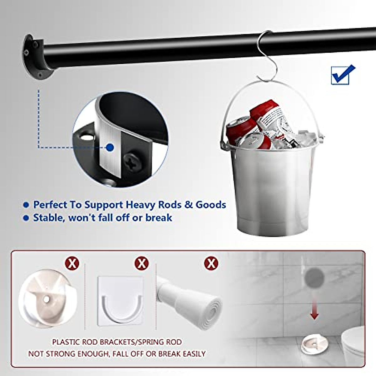 Closet Rod Bracket, (4 Pack) Heavy Duty Closet Rod Support Black Stainless Steel Closet Shower Rod Holders 1 1/4 Inch Closet Pole Holder Sockets U Shaped Wardrobe Brackets Flange Rod Holder End Caps