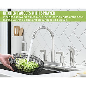 Kitchen Faucet with Sprayer, Brushed Nickel Stainless Steel Kitchen Sink Faucet with Side Sprayer, 3 Hole or 4 Hole Faucet for Kitchen Sink, Commercial RV Laundry Utility Kitchen Faucet KMF023L-1