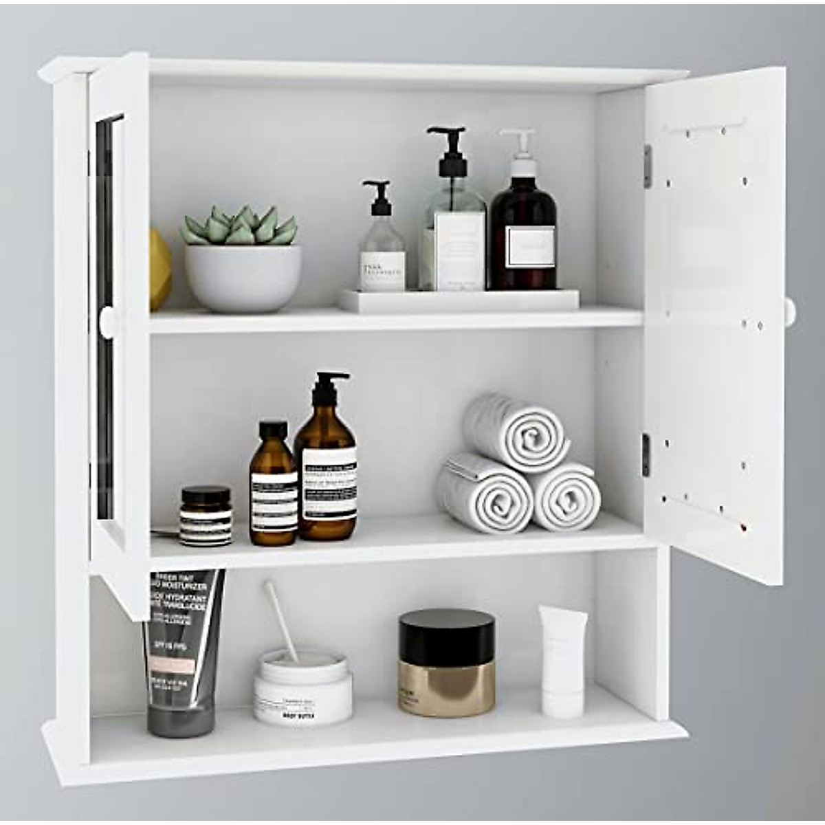 Bathroom Medicine Cabinet Wall Mounted with Double Mirror Doors, Wooden Hanging Bathroom Cabinet with Doors and Shelves, Bathroom Wall Mirror Cabinet, Multipurpose Wall Mounted Storage Cabinet, White