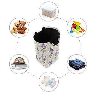 Retro Lavender Stamp Large Laundry Basket Spring Summer Flowers Collapsible Laundry Hamper with Handles Waterproof Clothes Washing Bin Dirty Baskets Storage for Home College Dorm Bathroom 50L