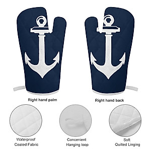 2Pcs Oven Mitts and Pot Holders Set, Navy Blue Red Nautical Oven Mitts Gloves Set Heat Resistant Hot Pads for Kitchen Cooking Grill