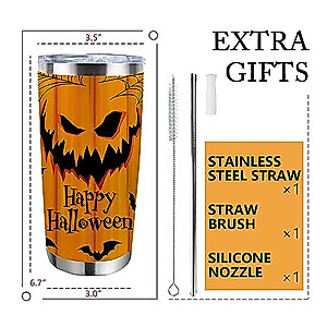 Zzkol Happy Halloween Jack O Lantern Tumbler with Lid and Straw, Pumpkin Bat Spider Web Stainless Steel Travel Coffee Cup, 20oz Funny Fall Autumn Double Wall Vacuum Insulated Mug Halloween Gifts