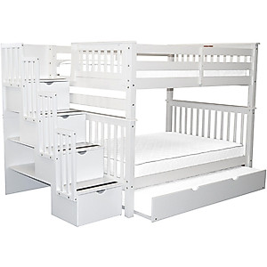 Bedz King Stairway Bunk Beds Full over Full with 4 Drawers in the Steps and a Full Trundle, White
