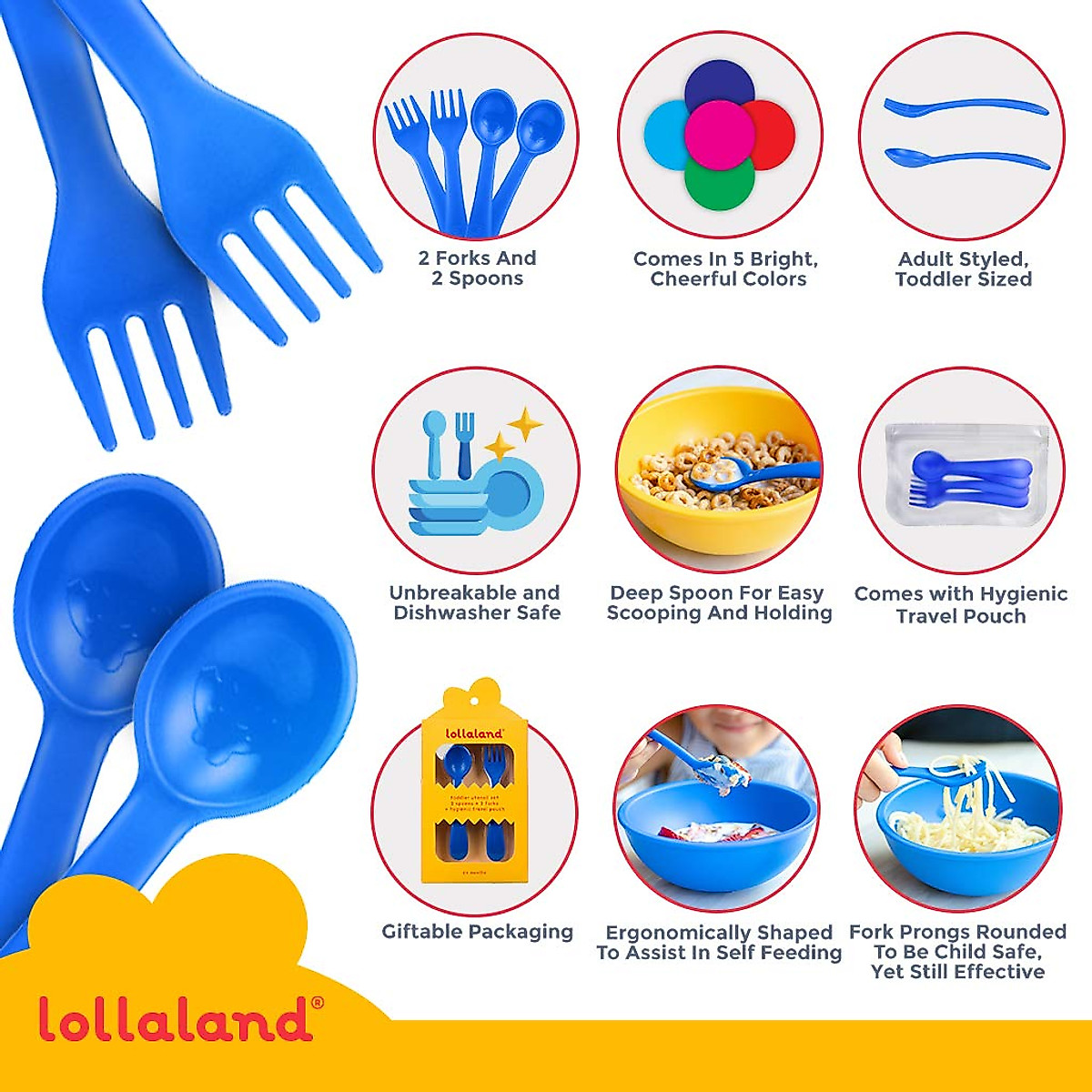 Lollaland 5 Piece Plastic Toddler Silverware Spoon and Fork Utensil Set - Reusable Toddler Cutlery with Hygienic Travel Pouch (Turquoise)