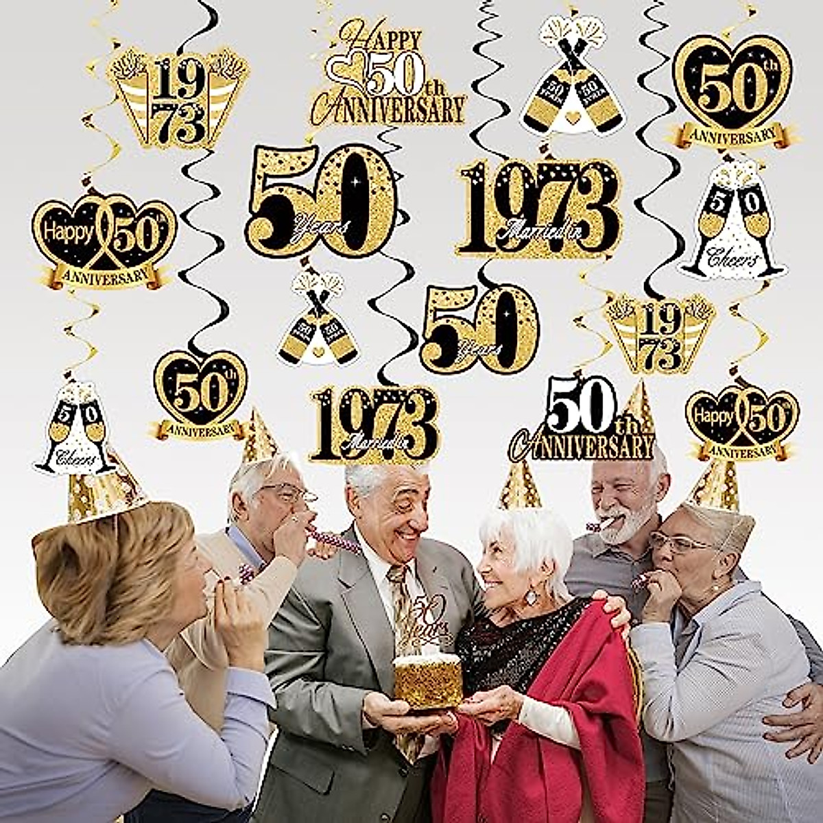 50th Anniversary Hanging Swirls Decorations, Black Gold Happy 50th Wedding Anniversary Married in 1973 Foil Swirl Party Supplies, Cheers to 50 Years Anniversary Ceiling Hanging Decor