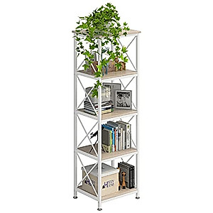 4NM Adjustable Corner Bookshelf 5 Tiers Storage Shelves Kitchen Standing Racks Vintage Bookcase for Study Organizer Home Office Pantry Closet Kitchen Laundry 16.9x13x50.6 inches (Natural and White)