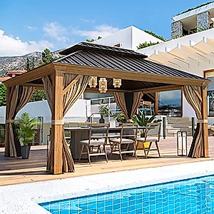 EROMMY 12' x 14' Gazebo, Wooden Finish Coated Aluminum Frame Canopy with Double Galvanized Steel Hardtop Roof, Outdoor Permanent Metal Pavilion with Curtains and Nettings for Patio, Backyard and Deck