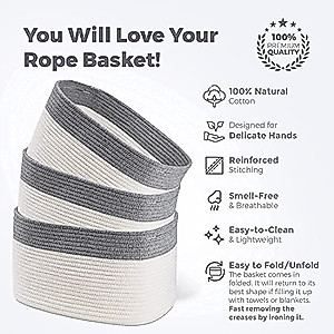 Cotton Rope Basket for Storage | 15"x10"x9" Set of 3 White & Gray Medium Storage Baskets for Organizing with Handles works as Cloth Baskets, Blanket Basket, Big Woven Laundry Basket or Toy Bin like Wicker Laundry Baskets