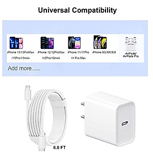 Fast Charger for iPhone【Apple MFi Certified】 20W USB C Wall Charger with 6.6FT Fast Charging Cable Portable Phone Charger Compatible with iPhone 14/14 Pro Max/13/13Pro/12/12 Pro/11,iPad,2 Pack, White