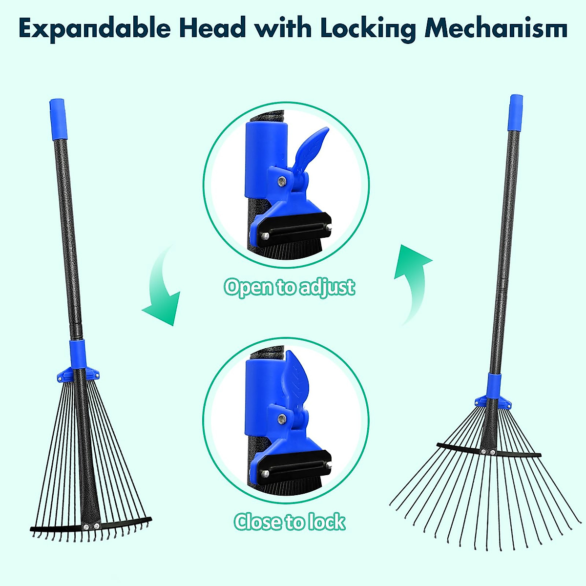 Garden Leaf Rake with Expandable Head from 9.5 inch to 17 inch, Collapsible Lawn Rake with Adjustable 53 Inch Splicing Handle, Heavy Duty Metal Rake for Lawn Yard, Flowers Beds and Roof