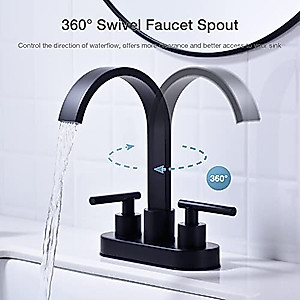 DIKUROOMS Bathroom Faucet 2 Handle 4 Inch Centerset Lavatory Vanity Sink Faucet with Overflow Pop-Up Drain and cUPC Water Supply Lines, Square Shaped 360 Degree Swivel Waterfall Spout, Matte Black