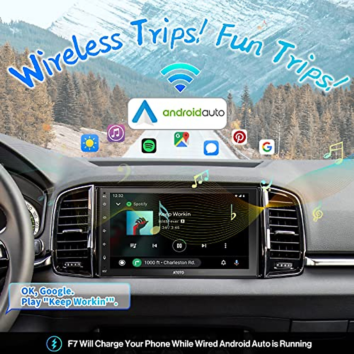 ATOTO F7WE 7inch Touchscreen Double DIN Car Stereo, Wireless CarPlay & Wireless Android Auto, in-Dash Video Receivers, Bluetooth, Mirror Link, HD LRV, Quick Charge, Voice Control, F7G2B7WE