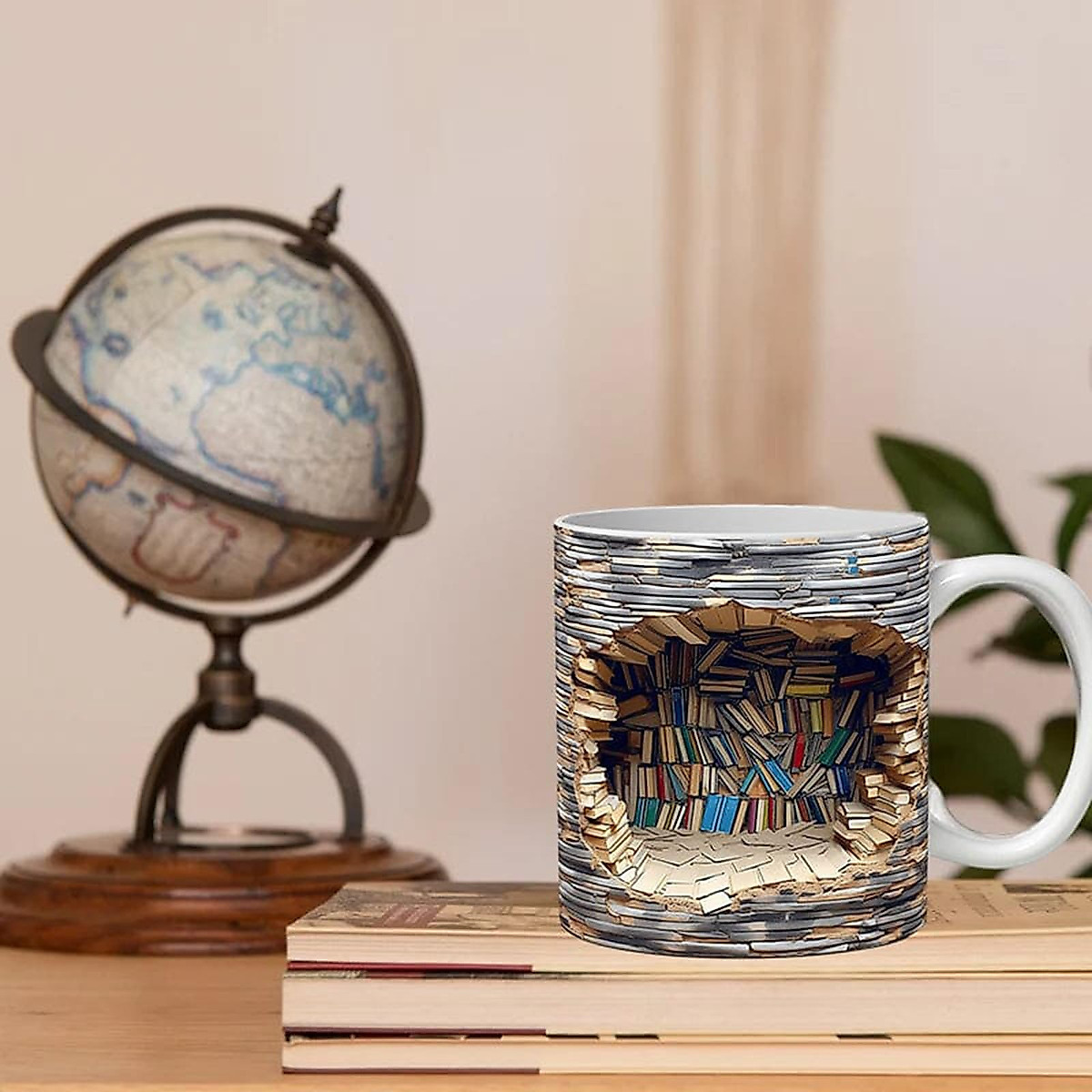 Atlodas Bookworm Mug, Creative 3D Print Bookshelf Mug, Personalise Space Design Multi-Purpose Ceramic Mug, Perfect for Gifting to Book Lovers (A)