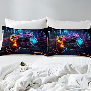 Manfei Video Games Duvet Cover Set Queen Size, Geometric Honeycomb Bedding Set 3pcs for Kids Boys Teens Room Decor, Modern Gamer Gaming Comforter Cover Children Gamepad Quilt Cover with 2 Pillowcases
