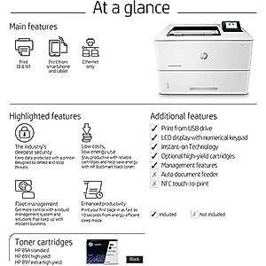 HP Laserjet Enterprise M507n Print Only Wired Monochrome Laser Printer, White - 2.7" LCD, 45 ppm, 1200 x 1200 dpi, 1.5GB Memory, 650 Sheets Input, USB 2.0 Ethernet Connectivity, Cbmou Printer Cable