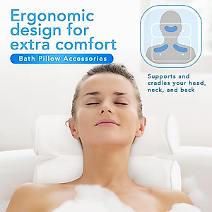 BASIC CONCEPTS Bathtub Pillow for Neck and Back Support with Drying Hook, Bathtub Pillow Machine Headrest for Soaking & Straight Back Tubs - Bath Accessories, Machine Washable, 6 Suction Cups