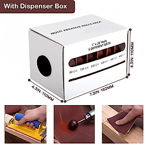 Emery Cloth Roll, 6 Grits 1'' x 19.7' Sand Paper Roll with Dispenser, 80 150 240 320 400 600 Grit Sandpaper Assortment, Wet Sanding Paper for Metal Automotive Furniture Wood