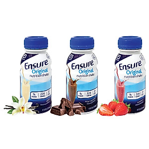 Niro Assortment | Ensure Original Nutrition Shakes | Variety Pack | Milk Chocolate Shake, Vanilla Shake, and Strawberry Flavors | Nutritional Full of Vitamins and Minerals 12 Pack | With Niro Travel Beverage Sleeve
