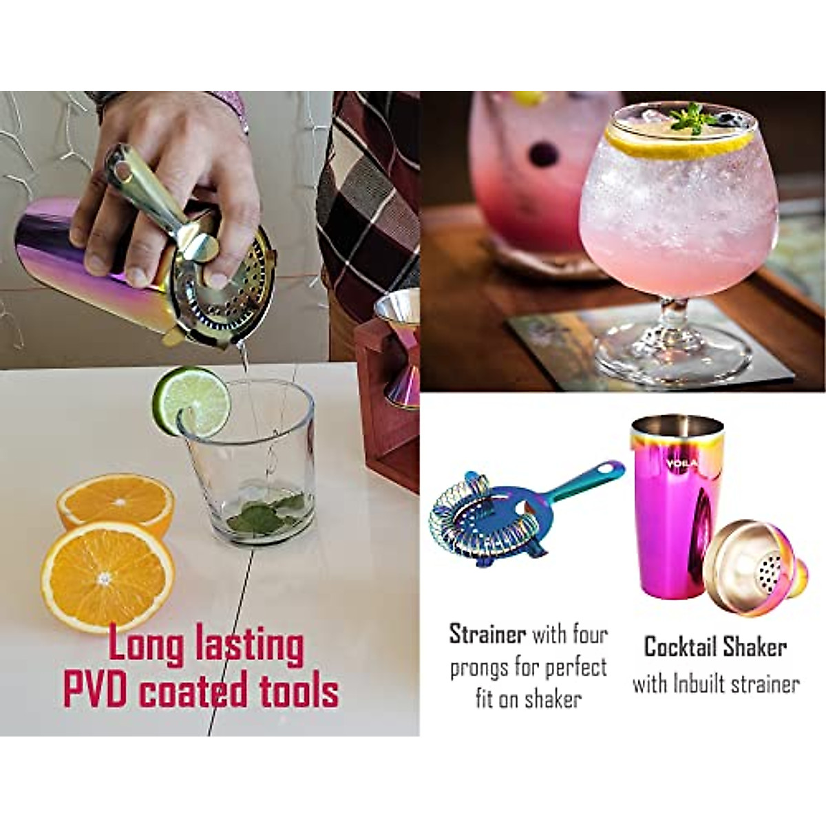 Voila Artisan 20 Pcs Premium Cocktail Shaker Set Bartender Kit with Elegant Mahogany Wooden Stand-Rainbow