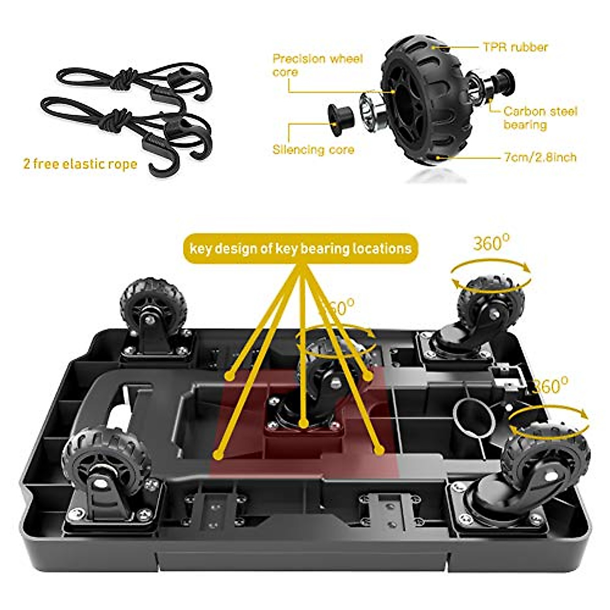 Kampeaburr Folding Hand Truck 5-Wheel Folding Trolley TPR Wheel 360° Rotating Dolly, Maximum Load-Bearing 330 LB Folding Hand Dolly for Shopping, Business Travel, Cargo Handling, Home Office.