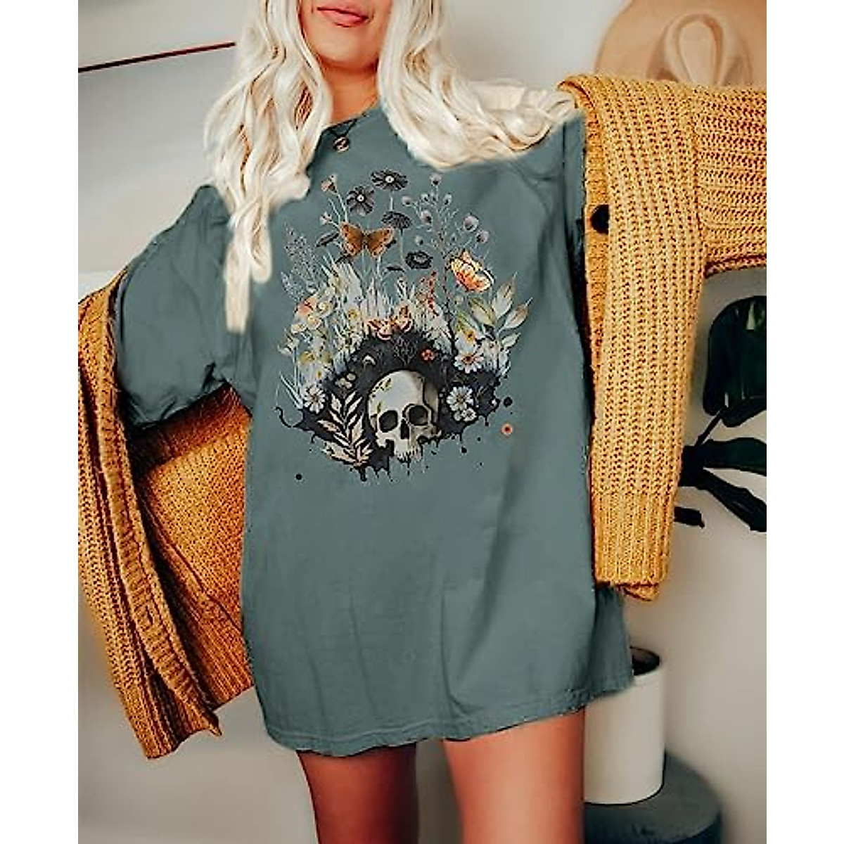 Women Oversized Skull Shirts Skeleton Floral Graphic Loose Tshirts Halloween Teen Girls Baggy Trendy Top