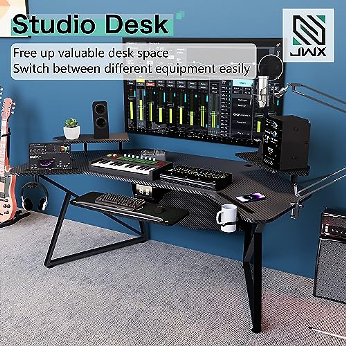 JWX Keyboard Tray Under Desk Slide Out, Large Under Desk Mounted Keyboard Drawer Adjustable Height with Mouse pad & Soft-Touch wristpad for Standing Desk, Gaming Home Office Desk