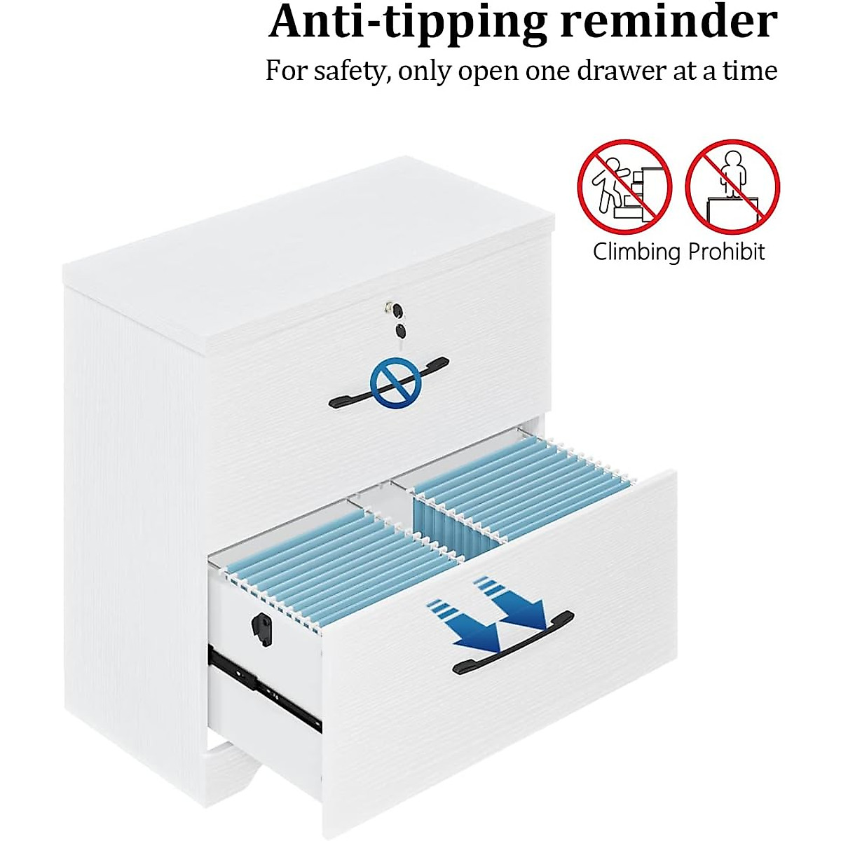 2 Drawer File Cabinet with Lock, Wooden Lateral Storage Home Office Filing Cabinet with Anti-tilt Mechanism with 8 Hanging Bars for Letter/Legal Size (White)