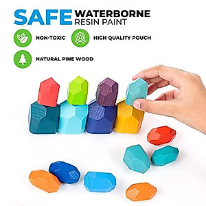 Niino 16 Pcs Wooden Blocks-Wooden Stone Balancing Blocks- Wooden Stacking Toys-Wooden Stones Building Blocks-Stacking Rocks-Colorful Natural Rainbow Stacking Sensory Toy… (20, Multicolor)
