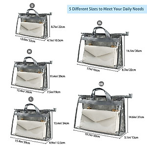 5 Sizes Clear Handbag Storage Organizer with Cozy Handle and Smooth Zipper, KMOTASUO Anti-dust Handbag Dust Cover Bag, Space-Saving Purse Storage Bag Organizer for Closet (Grey)
