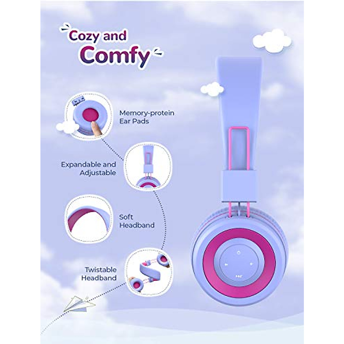 iClever BTH02 Kids Headphones, Kids Wireless Headphones with MIC, 22H Playtime, Bluetooth 5.0 & Stereo Sound, Foldable, Adjustable Headband, Childrens Headphones for iPad Tablet Home School, Purple